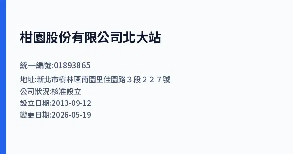 柑園股份有限公司北大站的照片-統編 01893865(新北市) 公司登記資料與營業項目詳細圖表