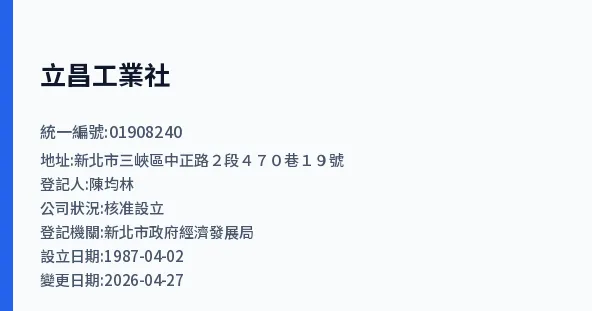 立昌工業社的照片-統編 01908240(新北市) 公司登記資料與營業項目詳細圖表