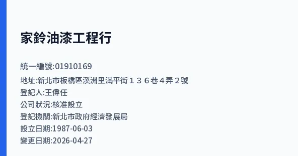 家鈴油漆工程行的照片-統編 01910169(新北市) 公司登記資料與營業項目詳細圖表