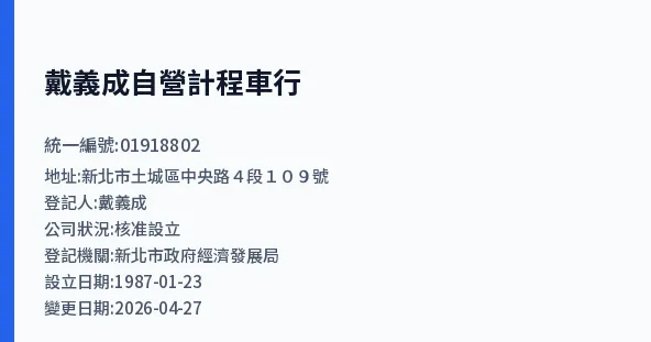 戴義成自營計程車行的照片-統編 01918802(新北市) 公司登記資料與營業項目詳細圖表