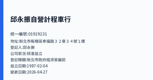 邱永振自營計程車行的照片-統編 01919231(新北市) 公司登記資料與營業項目詳細圖表