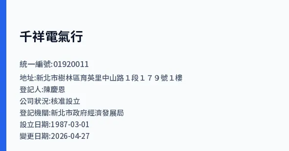 千祥電氣行的照片-統編 01920011(新北市) 公司登記資料與營業項目詳細圖表
