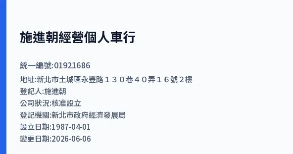 施進朝經營個人車行的照片-統編 01921686(新北市) 公司登記資料與營業項目詳細圖表