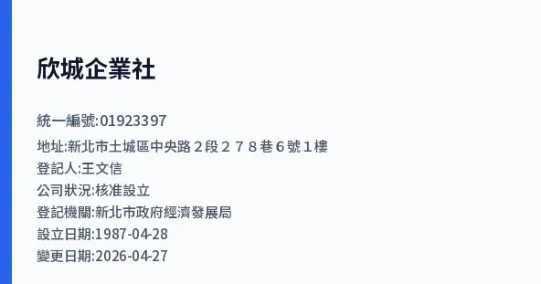 欣城企業社的照片-統編 01923397(新北市) 公司登記資料與營業項目詳細圖表
