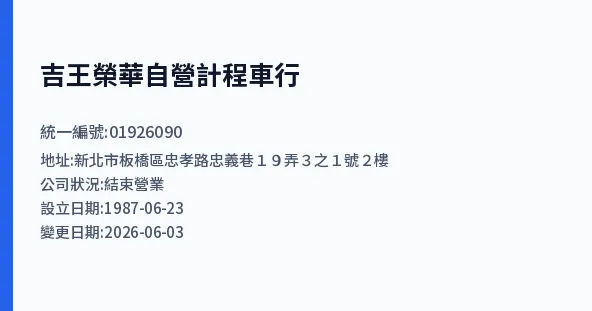 吉王榮華自營計程車行的照片-統編 01926090(新北市) 公司登記資料與營業項目詳細圖表