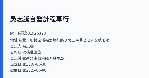 吳志騰自營計程車行的照片-統編 01926373(新北市) 公司登記資料與營業項目詳細圖表