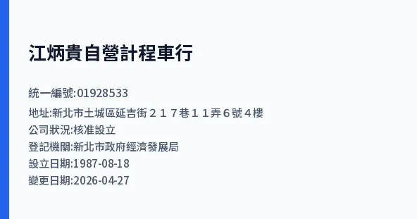 江炳貴自營計程車行的照片-統編 01928533(新北市) 公司登記資料與營業項目詳細圖表