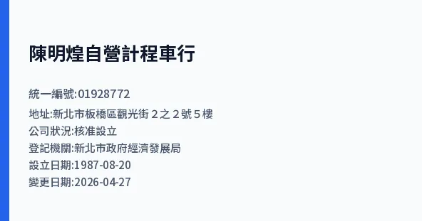 陳明煌自營計程車行的照片-統編 01928772(新北市) 公司登記資料與營業項目詳細圖表