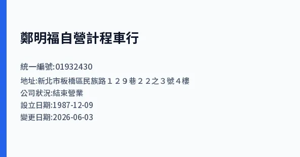 鄭明福自營計程車行的照片-統編 01932430(新北市) 公司登記資料與營業項目詳細圖表