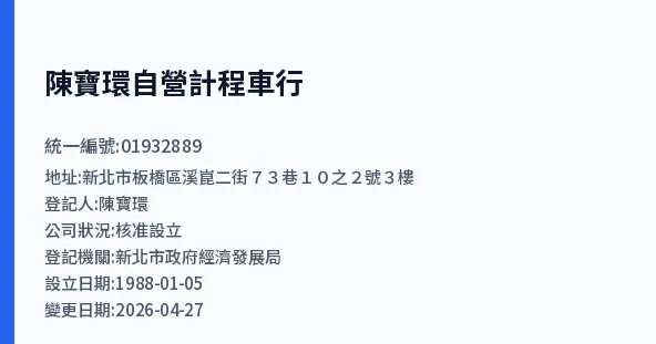 陳寶環自營計程車行的照片-統編 01932889(新北市) 公司登記資料與營業項目詳細圖表