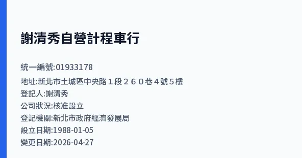 謝清秀自營計程車行的照片-統編 01933178(新北市) 公司登記資料與營業項目詳細圖表