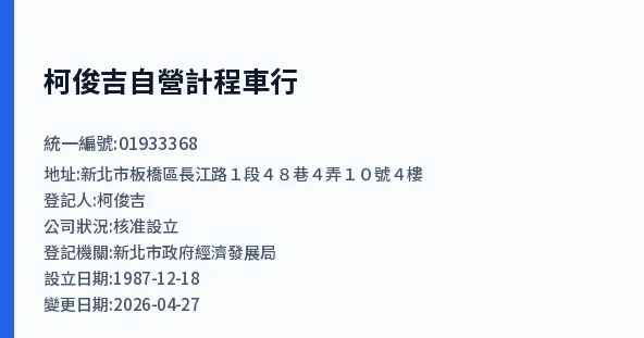 柯俊吉自營計程車行的照片-統編 01933368(新北市) 公司登記資料與營業項目詳細圖表