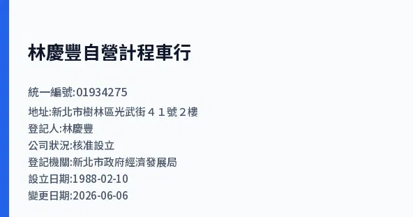 林慶豐自營計程車行的照片-統編 01934275(新北市) 公司登記資料與營業項目詳細圖表