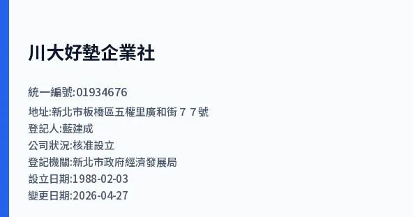 川大好墊企業社的照片-統編 01934676(新北市) 公司登記資料與營業項目詳細圖表