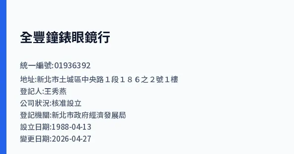 全豐鐘錶眼鏡行的照片-統編 01936392(新北市) 公司登記資料與營業項目詳細圖表