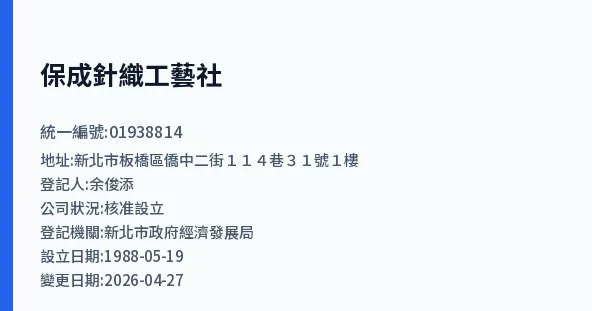 保成針織工藝社的照片-統編 01938814(新北市) 公司登記資料與營業項目詳細圖表