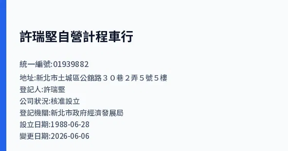 許瑞堅自營計程車行的照片-統編 01939882(新北市) 公司登記資料與營業項目詳細圖表