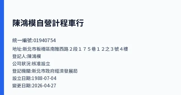 陳鴻模自營計程車行的照片-統編 01940754(新北市) 公司登記資料與營業項目詳細圖表