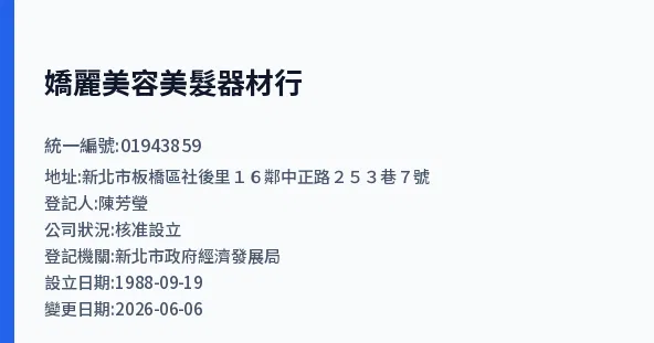 嬌麗美容美髮器材行的照片-統編 01943859(新北市) 公司登記資料與營業項目詳細圖表