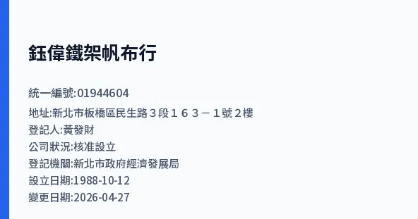 鈺偉鐵架帆布行的照片-統編 01944604(新北市) 公司登記資料與營業項目詳細圖表