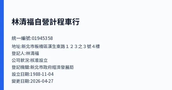 林清福自營計程車行的照片-統編 01945358(新北市) 公司登記資料與營業項目詳細圖表