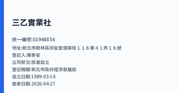三乙實業社的照片-統編 01948854(新北市) 公司登記資料與營業項目詳細圖表
