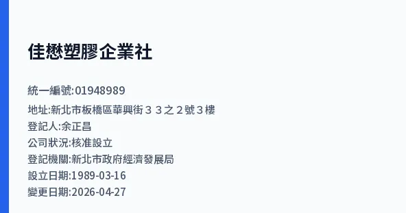 佳懋塑膠企業社的照片-統編 01948989(新北市) 公司登記資料與營業項目詳細圖表