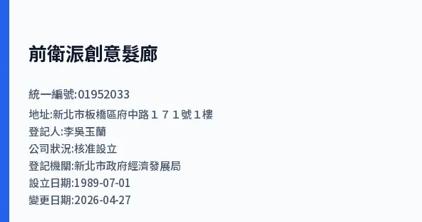 前衛浱創意髮廊的照片-統編 01952033(新北市) 公司登記資料與營業項目詳細圖表