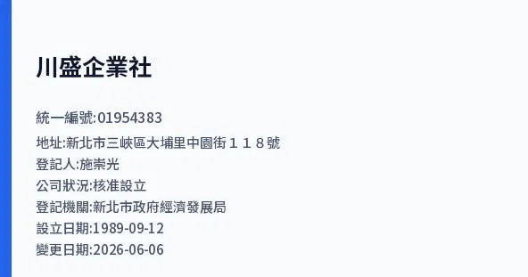 川盛企業社的照片-統編 01954383(新北市) 公司登記資料與營業項目詳細圖表