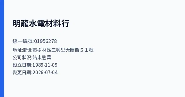明龍水電材料行的照片-統編 01956278(新北市) 公司登記資料與營業項目詳細圖表