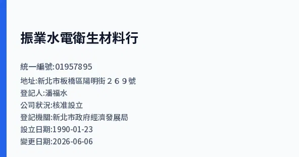 振業水電衛生材料行的照片-統編 01957895(新北市) 公司登記資料與營業項目詳細圖表