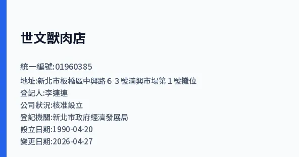世文獸肉店的照片-統編 01960385(新北市) 公司登記資料與營業項目詳細圖表