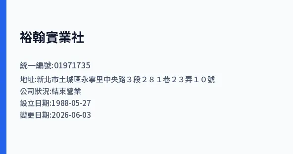 裕翰實業社的照片-統編 01971735(新北市) 公司登記資料與營業項目詳細圖表