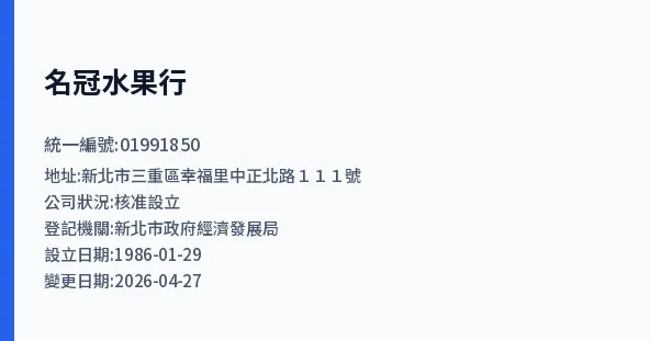 名冠水果行的照片-統編 01991850(新北市) 公司登記資料與營業項目詳細圖表