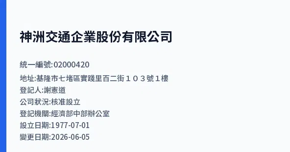 神洲交通企業股份有限公司的照片-統編 02000420(基隆市) 公司登記資料與營業項目詳細圖表