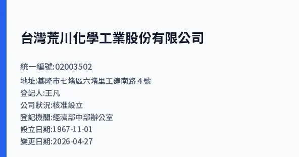 台灣荒川化學工業股份有限公司的照片-統編 02003502(基隆市) 公司登記資料與營業項目詳細圖表