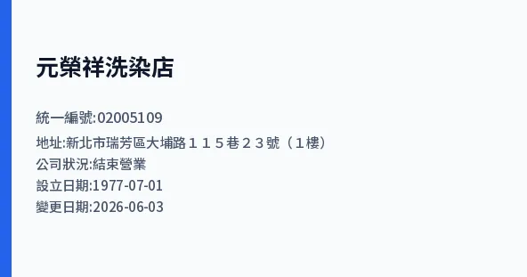 元榮祥洗染店的照片-統編 02005109(新北市) 公司登記資料與營業項目詳細圖表