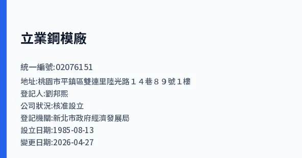 立業鋼模廠的照片-統編 02076151(桃園市) 公司登記資料與營業項目詳細圖表