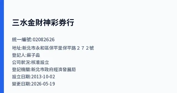 三水金財神彩券行的照片-統編 02082626(新北市) 公司登記資料與營業項目詳細圖表