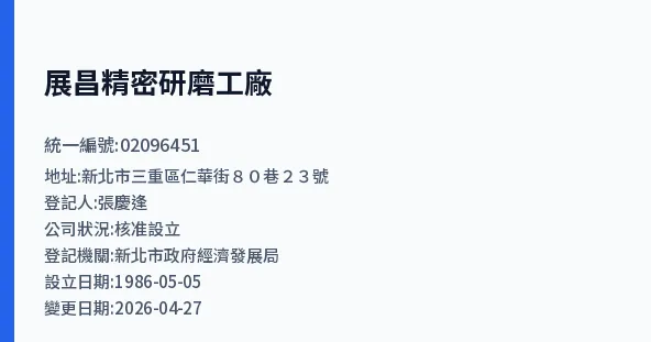 展昌精密研磨工廠的照片-統編 02096451(新北市) 公司登記資料與營業項目詳細圖表