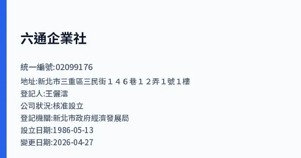 六通企業社的照片-統編 02099176(新北市) 公司登記資料與營業項目詳細圖表