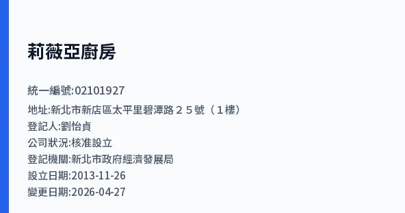 莉薇亞廚房的照片-統編 02101927(新北市) 公司登記資料與營業項目詳細圖表