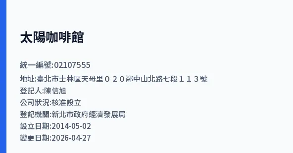 太陽咖啡館的照片-統編 02107555(臺北市) 公司登記資料與營業項目詳細圖表