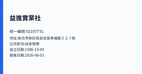 益進實業社的照片-統編 02107751(新北市) 公司登記資料與營業項目詳細圖表