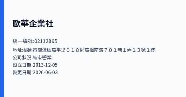 歐華企業社的照片-統編 02112895(桃園市) 公司登記資料與營業項目詳細圖表