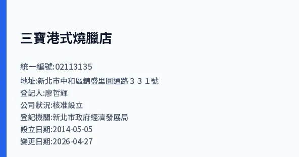 三寶港式燒臘店的照片-統編 02113135(新北市) 公司登記資料與營業項目詳細圖表