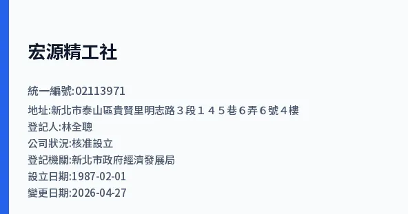 宏源精工社的照片-統編 02113971(新北市) 公司登記資料與營業項目詳細圖表
