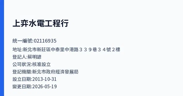 上弈水電工程行的照片-統編 02116935(新北市) 公司登記資料與營業項目詳細圖表