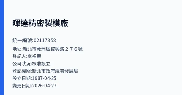 暉達精密製模廠的照片-統編 02117358(新北市) 公司登記資料與營業項目詳細圖表