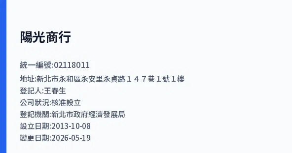 陽光商行的照片-統編 02118011(新北市) 公司登記資料與營業項目詳細圖表